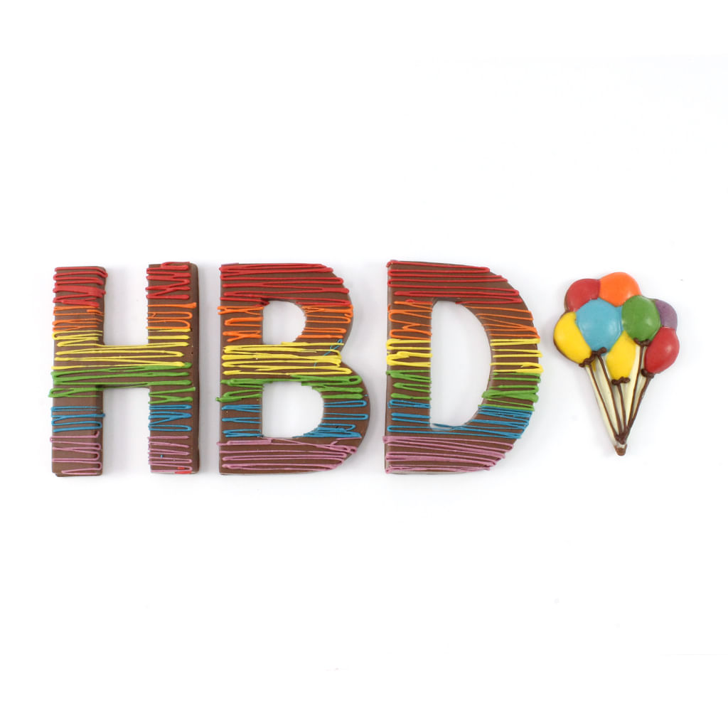 Figura de chocolate letras "HBD" con globitos - Siman El Salvador