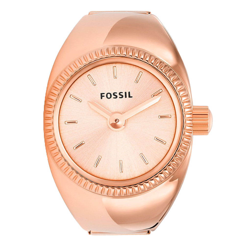 Anillo Fossil con reloj análogo metálico oro rosa para mujer