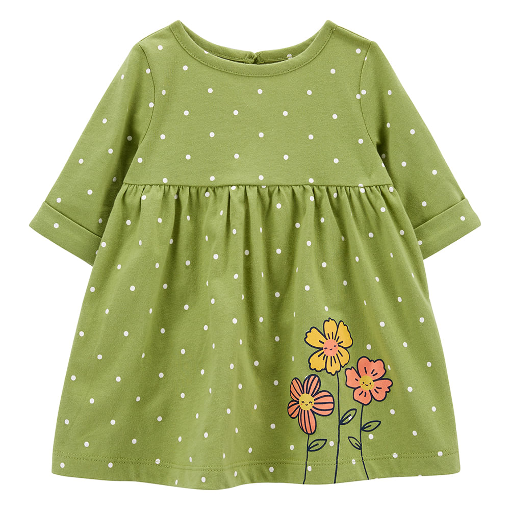 Vesido color verde con etsampado de flor para bebé niña