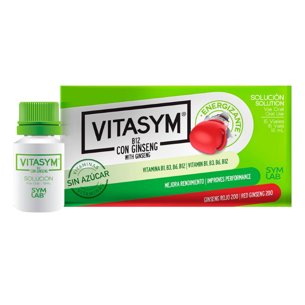 Vitasym b12 con ginseng x 15 ampollas bebibles - Siman El Salvador