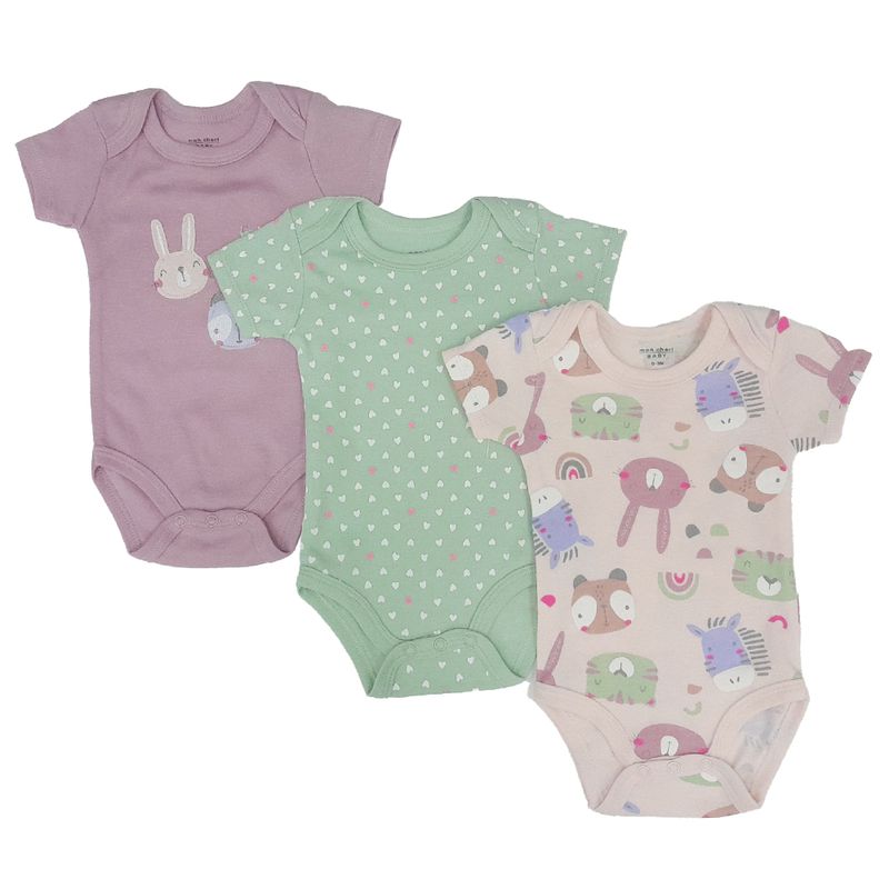 Set de 3 mamelucos multicolor con estampado de corazones para bebé niña