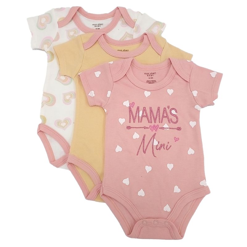 Set de 3 mamelucos multicolor con estampado de corazones para bebé niña