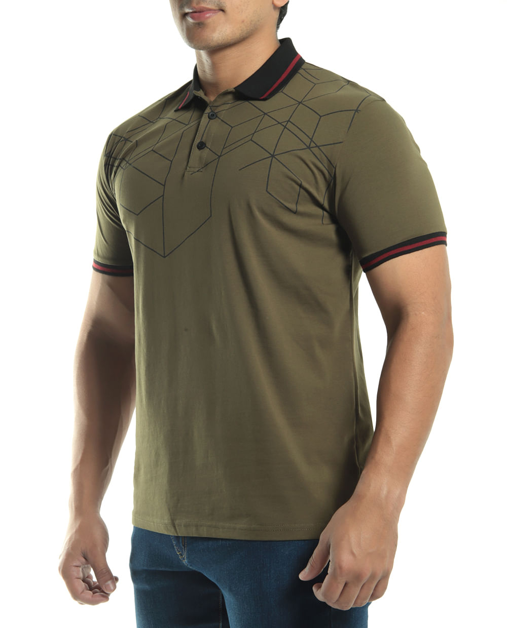 Unexpected Camisa polo moda verde olivo sólido estampado geométrico ...