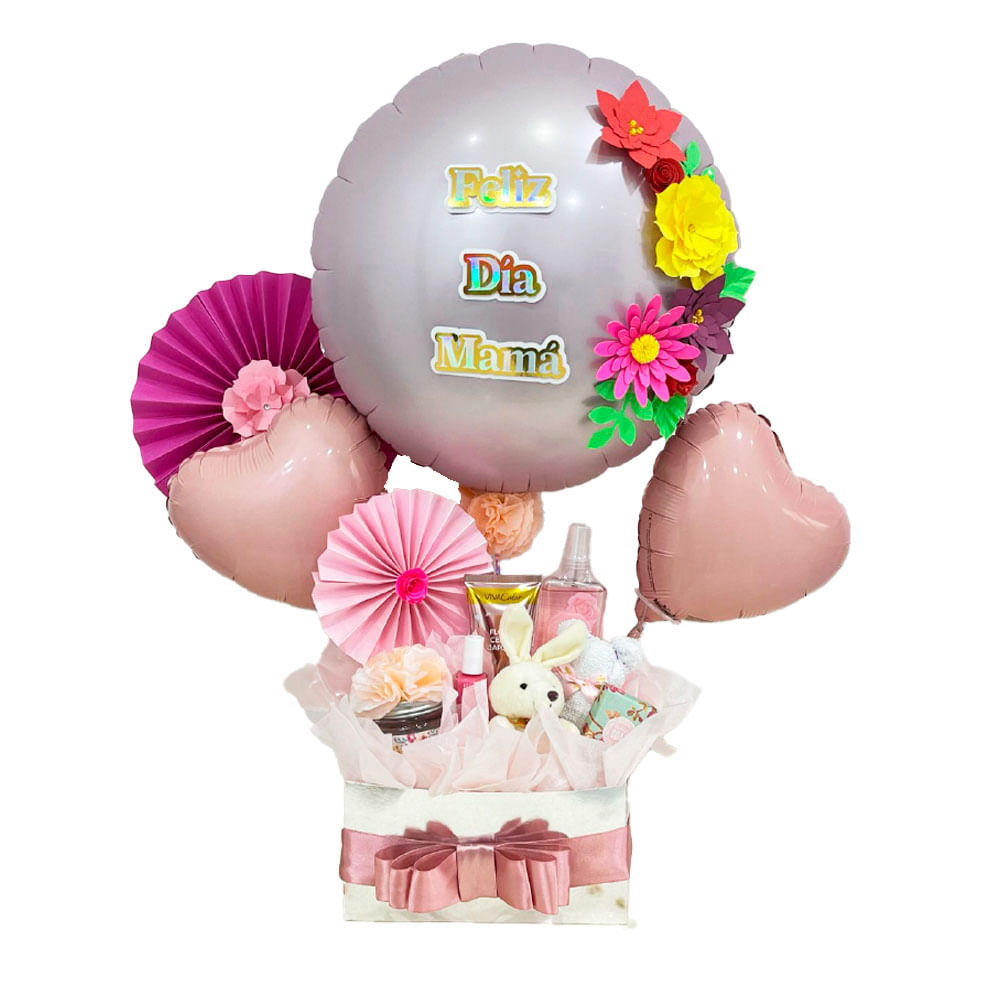 Box con articulos de belleza y arreglo de globos con texto feliz día ...