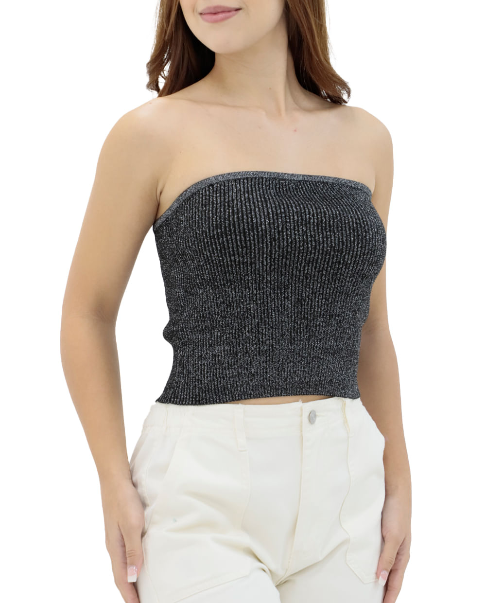 Blusa Orange crop top plateada strapless para mujer - Siman El Salvador