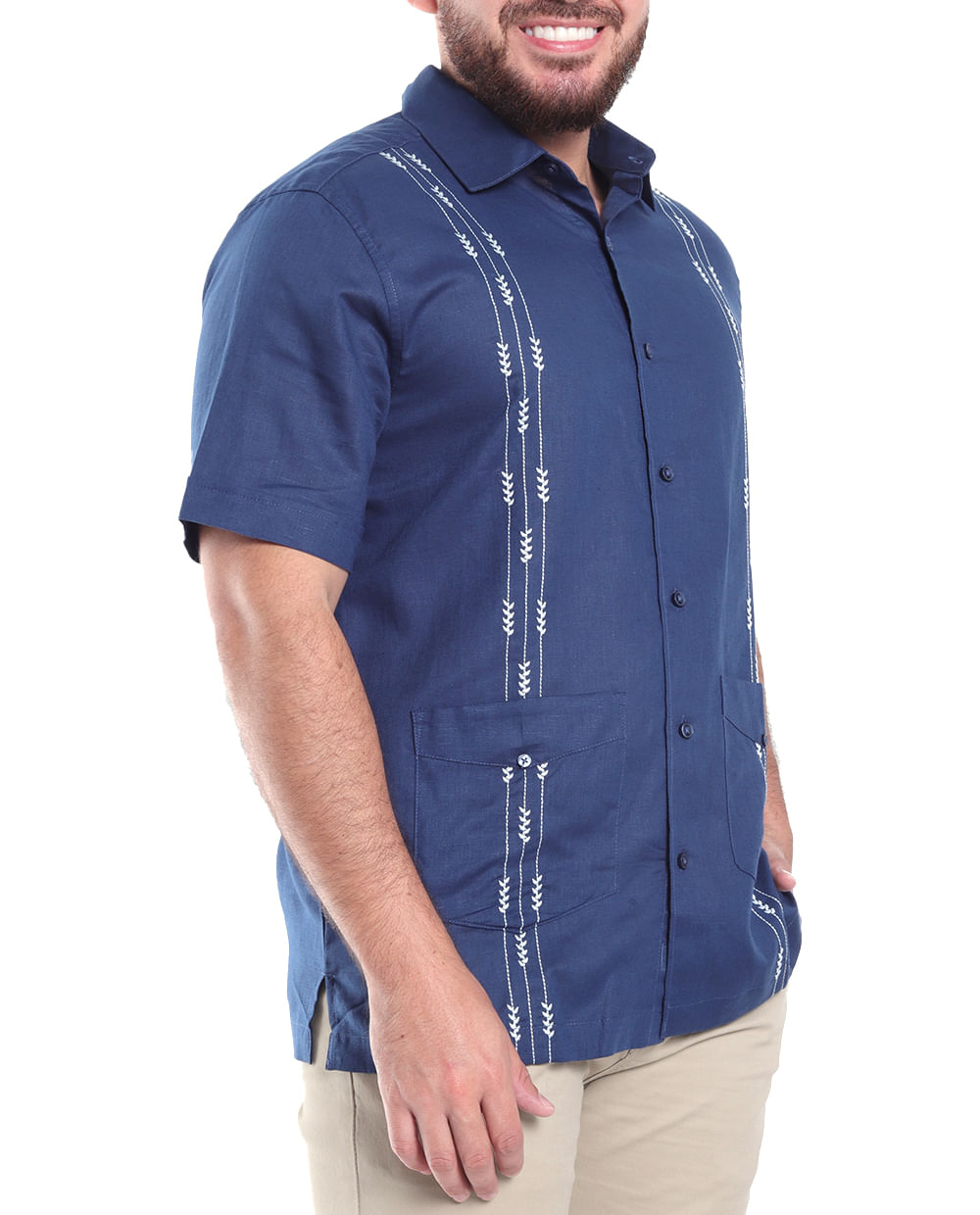 Guayabera de lino Cubavera classic fit azul con bordado de hojas para ...