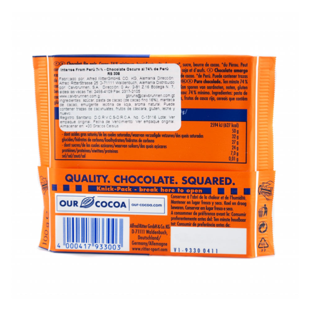 Chocolate Ritter Sport Cocoa amargo al 74% 100g