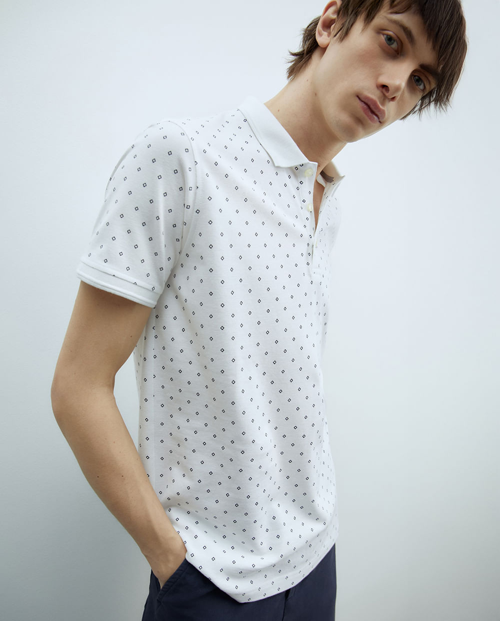 Camisa polo Sfera blanca con mini print de rombos para hombre - Siman ...