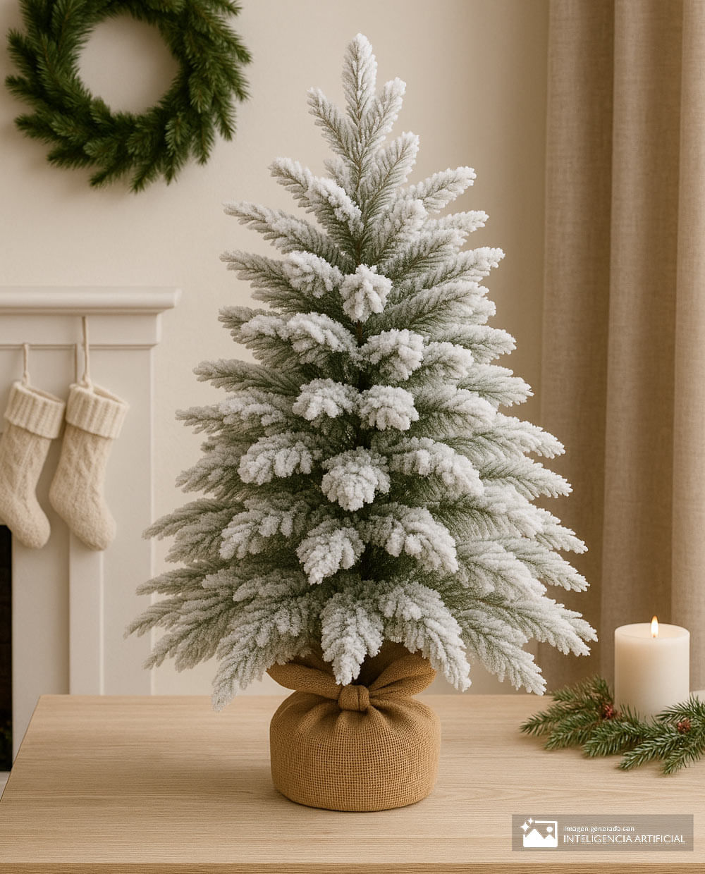 Árbol nevado con luz cálida y base de yute 179 puntas 60 cm - Siman El Salvador