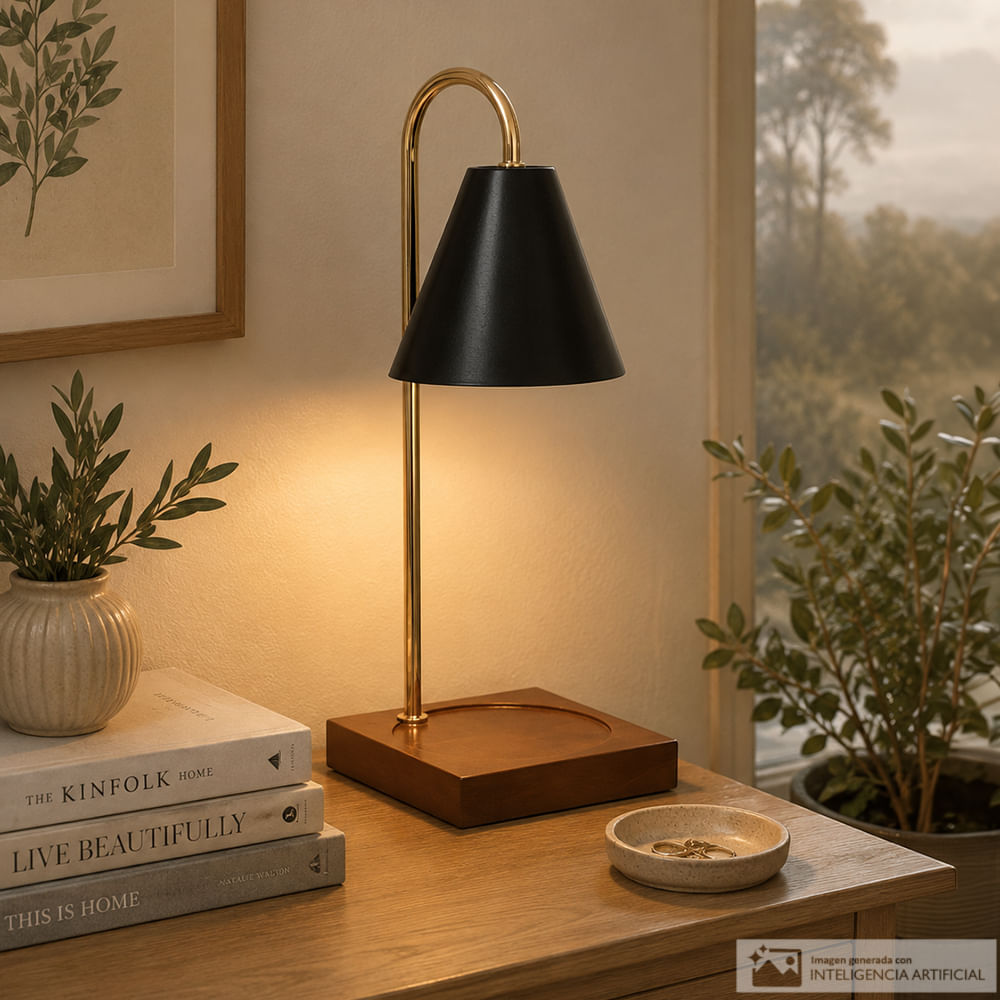 Lampara negra con base de madera h30cm